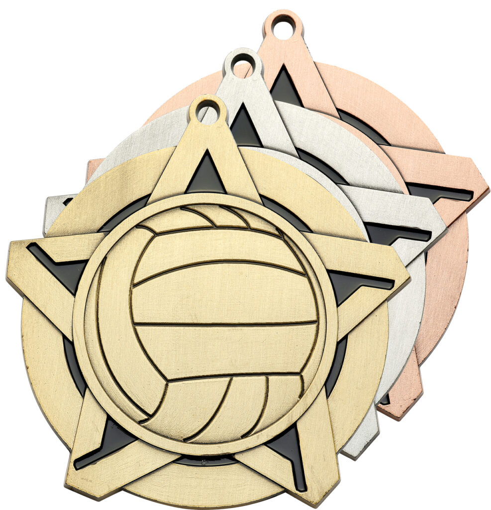 2 1/4 inch Super Star Volleyball Medals | Gold, Silver & Bronze Medals